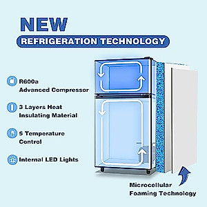 WANAI Mini Fridge with Freezer 3.5 Cu.Ft Double Door Compact Refrigerator with Freezer-on-Top Small Freestanding Fridge with 7 Level Adjustable Thermostat Bedroom Dorm Office, Kitchen Apartment Silver