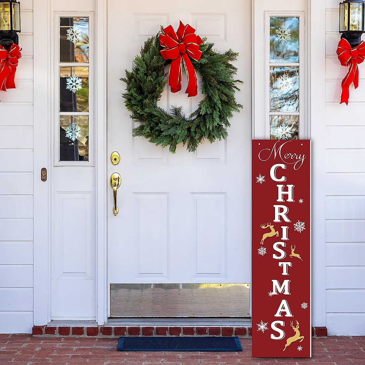 Soaoo Christmas Porch Sign Merry Christmas Vertical Porch Sign Red Christmas Wooden Welcome Sign for Front Door Porch Standing Farmhouse Rustic Door Porch for Xmas Porch Yard Outdoor Indoor, 35.43" H