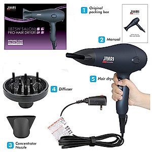 Jinri Hair Dryer Professional Salon Ionic Blow Dryer with Concentrator & Diffuser, Light Weight Low Noise Hair Blow Dryers, Black