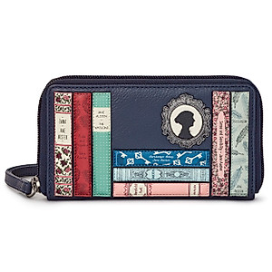 Yoshi Jane Austen Bookworm Ladies Purse, Genuine Leather Womens Wallet, Zip Round with Wrist Strap, Navy, One Size