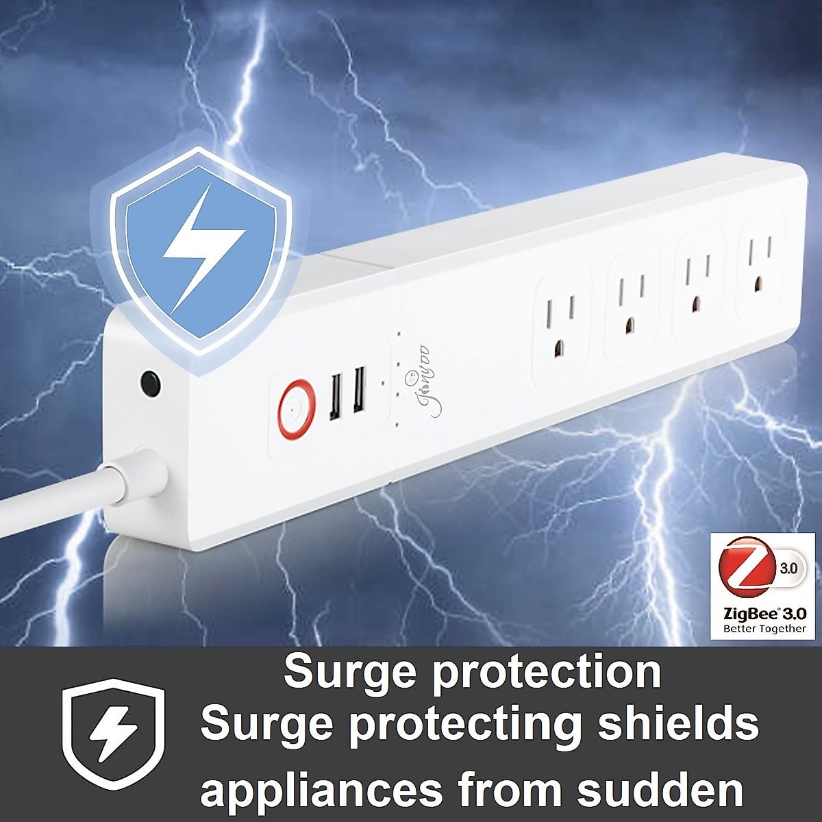 Jinvoo ZigBee Smart Power Strip 5 feet Extension Cord 10A 4 AC Individual Control 2 USB Works with Philips HUE SmartThings Echo 4th Gen Google Home hub is Required White
