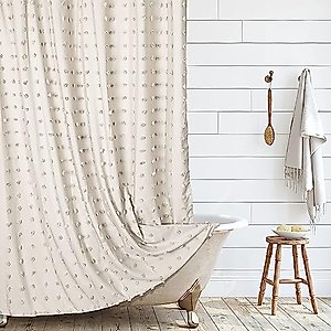 Boho Farmhouse Beige/Cream Shower Curtain Woven Fabric Cute Shower Curtain, 72 x 72 Tufted Pleat Floral Puffs Textured Modern Farmhouse Minimalist Shower Curtain Set with Hooks for Bathroom