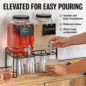 Beverage Dispenser with Stand for Parties - Two 1 Gallon Glass Mason Jar Drink Dispensers with Stand for Water, Lemonade, Punch, Juice or Adult Beverages
