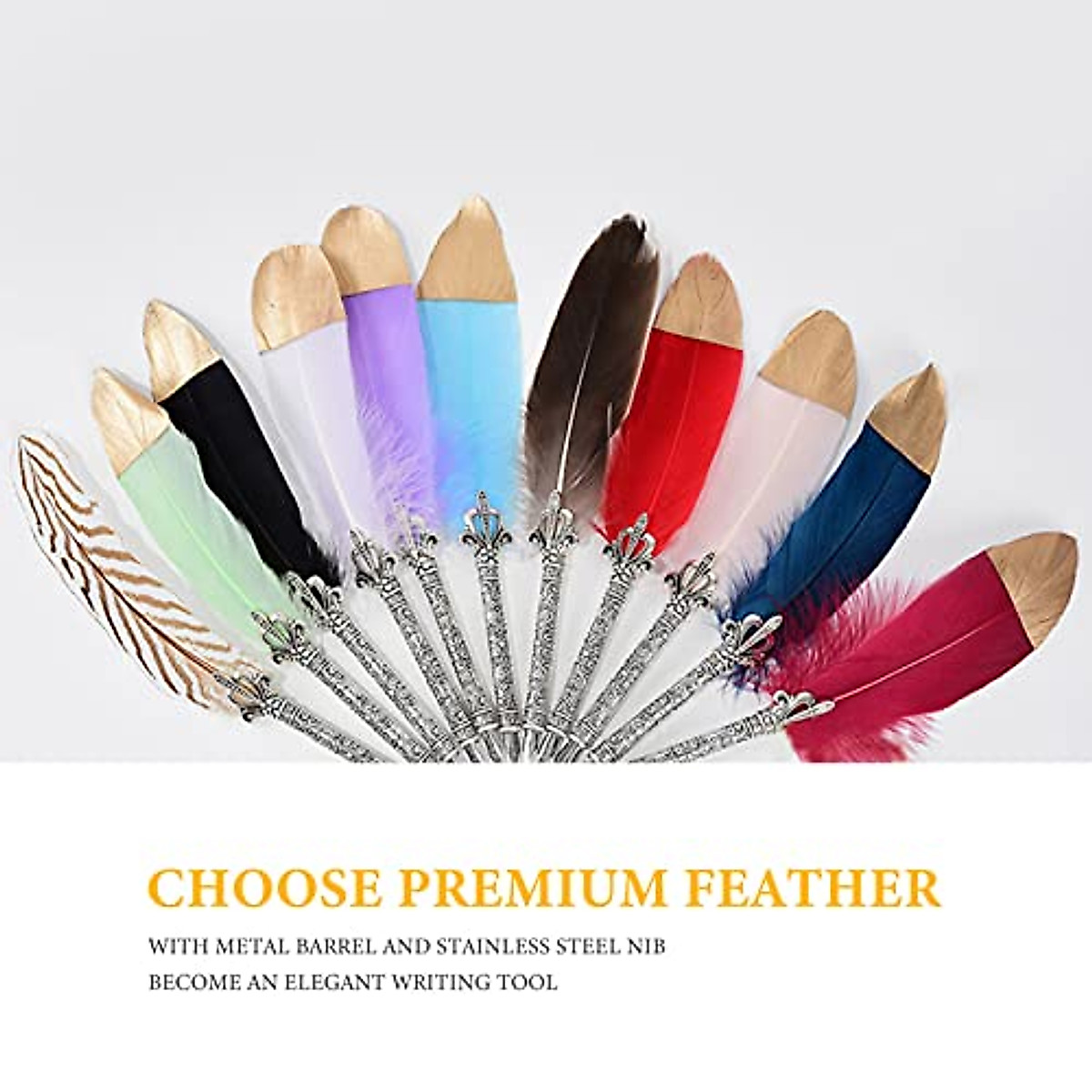 Feather Pen and Ink Set, Glittering Quill Pen Set Antique Calligraphy Dip Pen with Ink, 2 Replacement Nibs, Pen Stand Base, Luxury Vintage Signature Pen