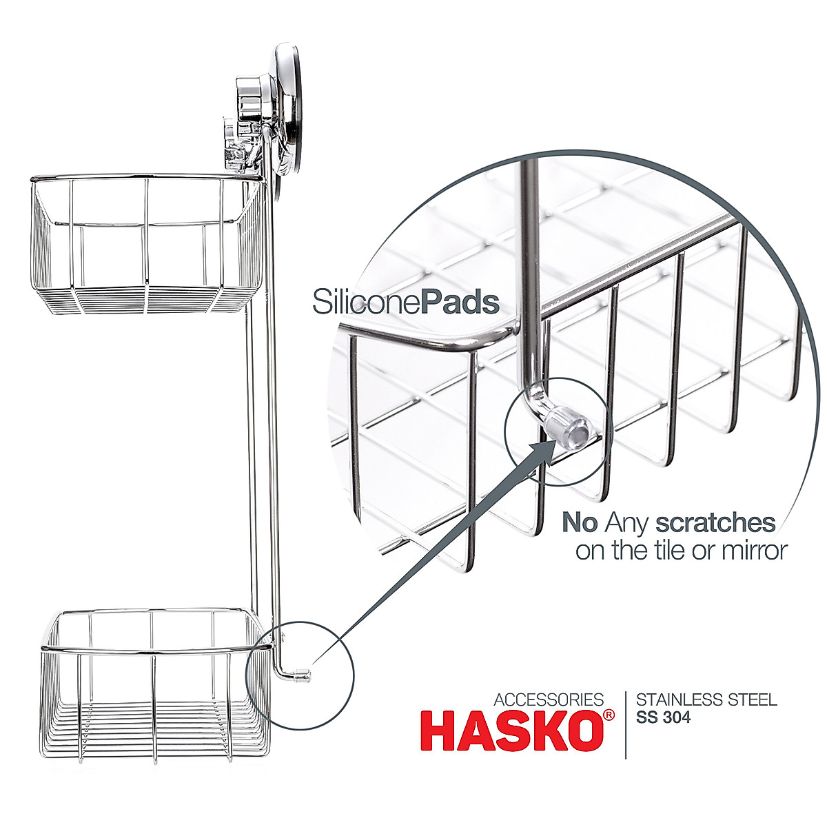 HASKO accessories - Shower Caddy with Suction Cup - 304 Stainless Steel 2Tier Basket for Bathroom - Rustproof (Chrome)
