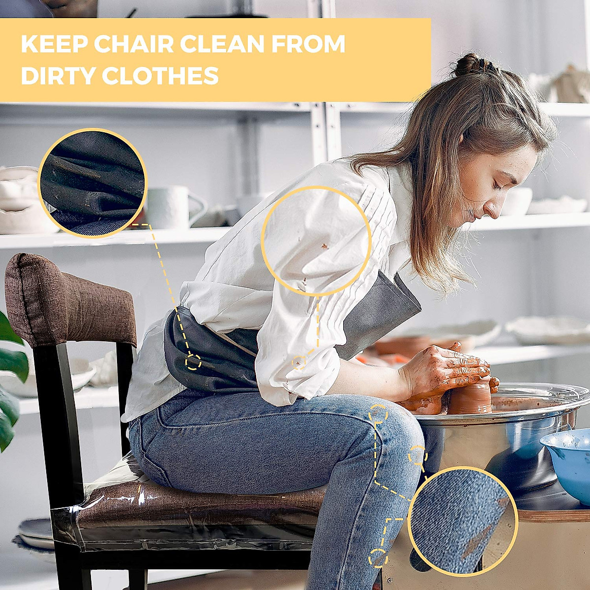 6 Pack Large Plastic Chair Covers Protectors for Dining Room, Clear Chair Seat Cover with Adjustable Belt Strap Fits 18”-22” Seats, Waterproof & Scratch Resistant Heavy Duty PVC Dining Chair Cover Set