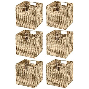mDesign Seagrass Woven Cube Bin Basket Organizer with Handles - Storage for Bedroom, Home Office, Living Room, Bathroom, Shelf/Cubby Organization, Hold Blankets, Magazines, Books - 6 Pack, Natural/Tan