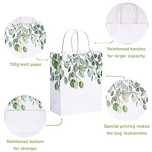 WRAPAHOLIC Medium Eucalyptus Kraft Paper Gift Bags - Green Eucalyptus Leaves Design for Birthday, Baby Shower, Holiday, Party Gift Wrap (Pack of 12)
