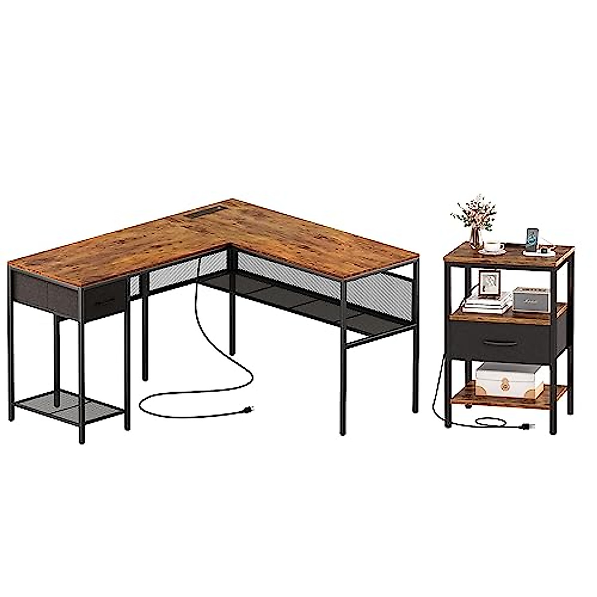 Huuger L Shaped Desk Computer Desk with LED Lights & Power Outlets and SUPERJARE Nightstand with Charging Station