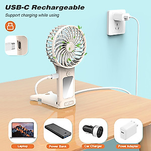 Yucime Handheld Portable Fan Desk Fan, Powerful Personal Fan 4 Adjustable Speed USB Recharging Battery Operated Mini Fan with Makeup Mirror for Stylish Girl Kids Women Men 1 Count (Pack of 1)