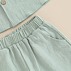 Toddler Baby Boys 2Pcs Linen Short Sleeve Outfits Set Color Block Button Down T-Shirt Elastic Shorts with Pockets (Light Green, 12-18 Months)