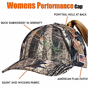EDTREK Womens Performance Cap Hat with Ponytail Hole - Camo and Blaze Orange Hunting Hats (in Deep Camo)