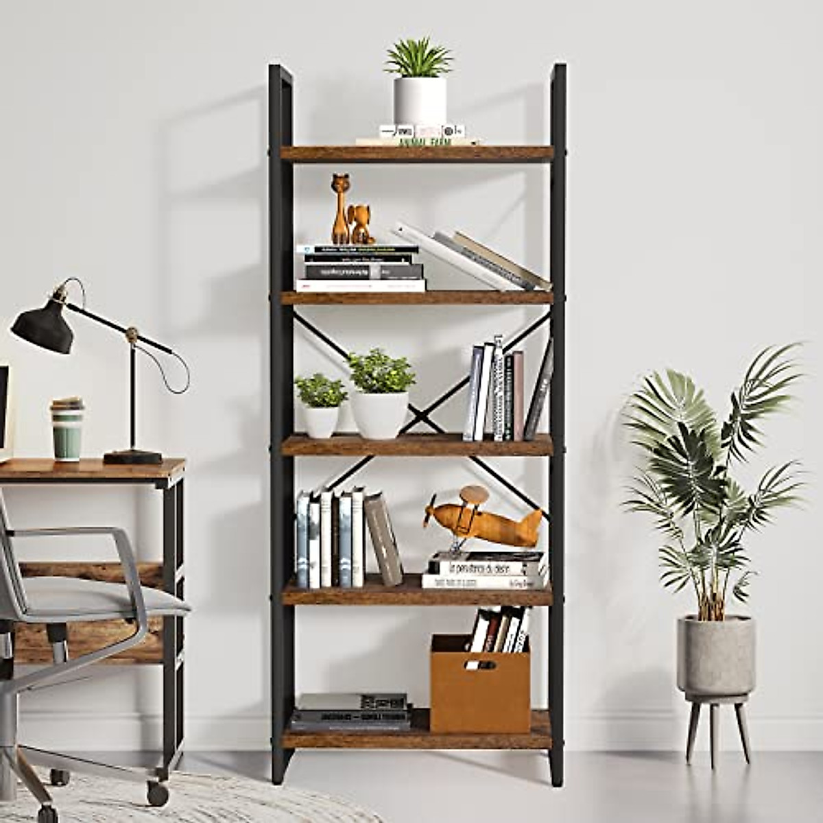 YITAHOME 5 Tiers Bookshelf, Artsy Modern Bookcase, Book Rack, Storage Rack Shelves Books Holder Organizer for Books/Movies in Living Room/Home/Office - Rustic Brown (FTOFBC-0016)