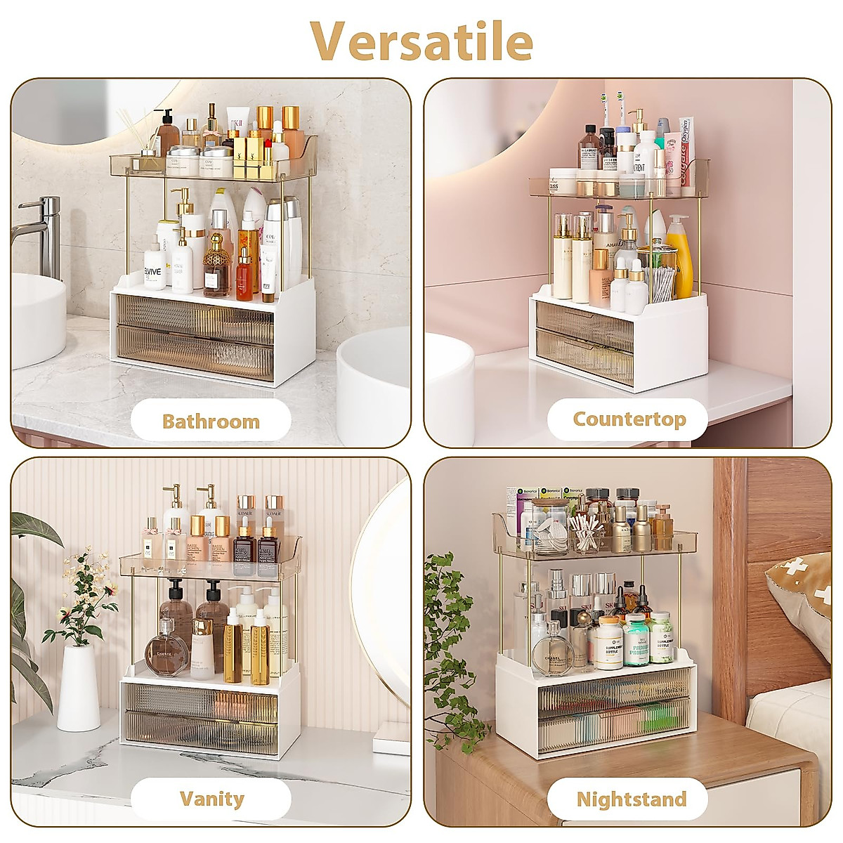 Webetop Bathroom Counter Organizer, Large Makeup Organizer Countertop, Multi-Purpose Vanity Organizer Countertop with 2 Drawers for Storage, Cosmetics, Perfume, Toiletry (Amber)