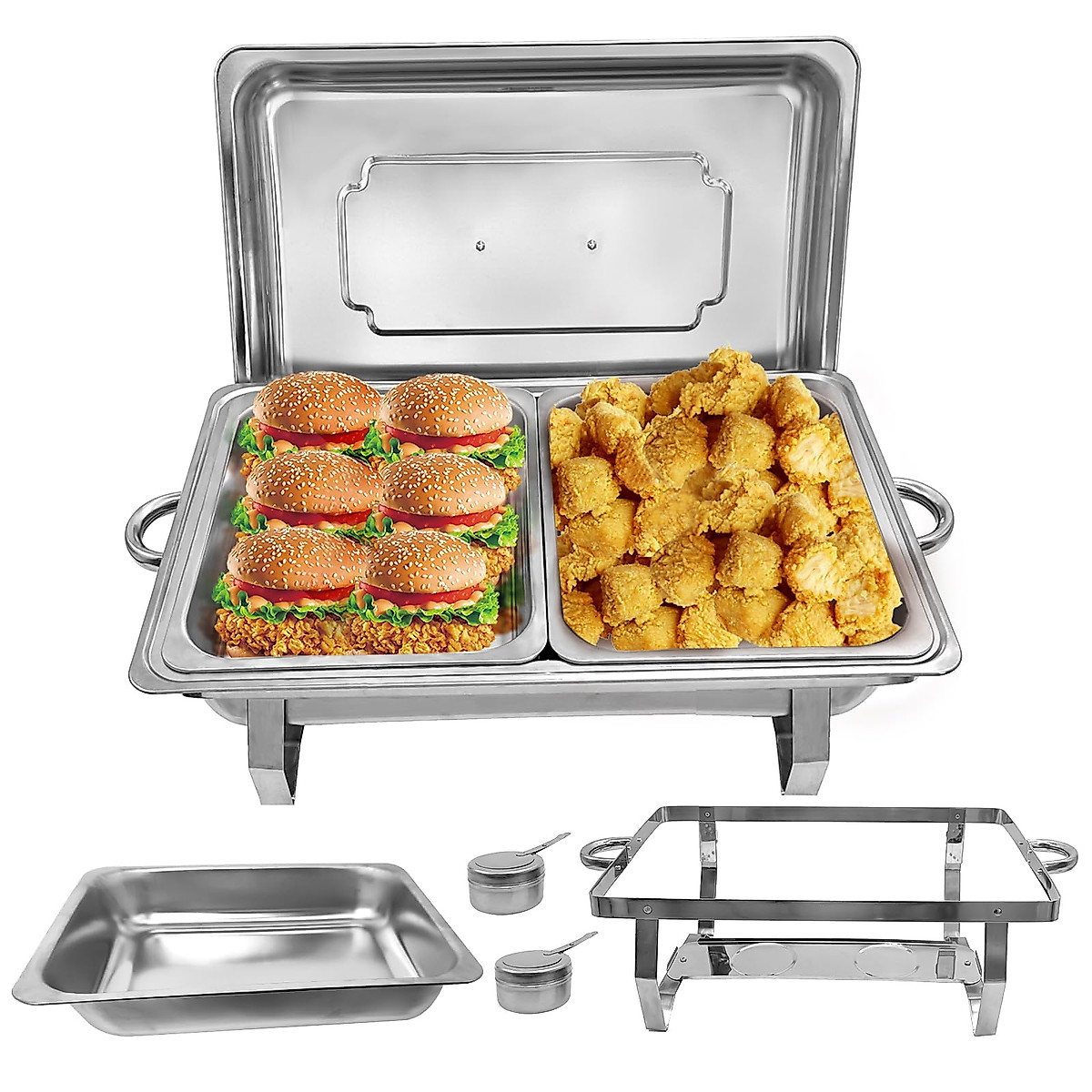 EVGTTI Chafing Dish Buffet Set, 2 Pack 8 Qt, Stainless Chafer w/ 4 Half Size Pans, Rectangle Catering Warmer Server w/Lid Water Pan Folding Stand Fuel Tray Holder Clip, at Least 8 People Each
