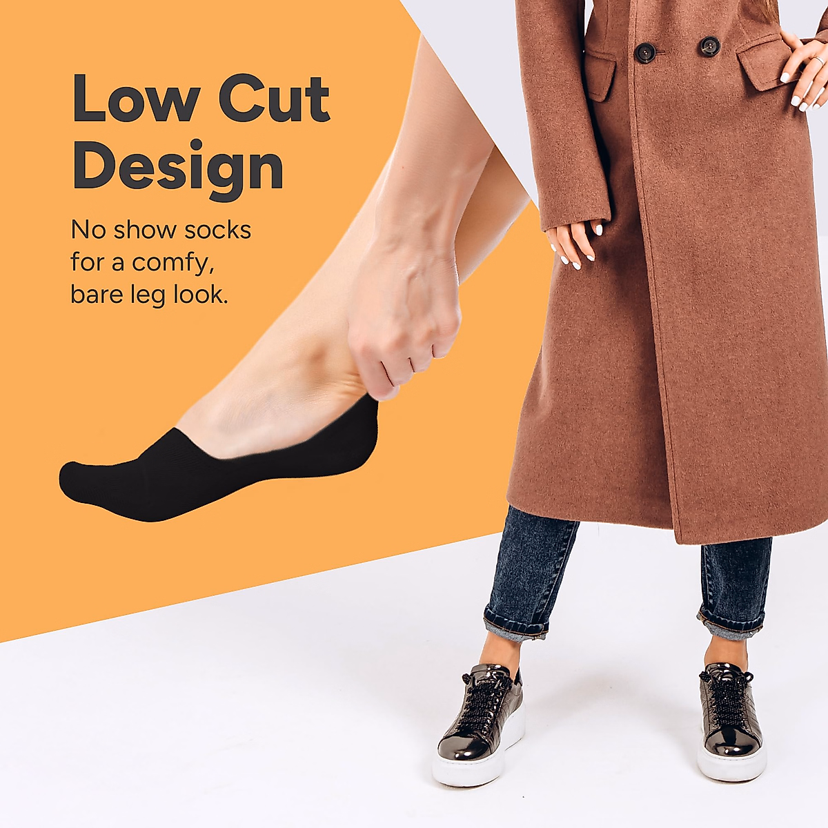 Eedor Women's No Show Socks, Comfy and Breathable Non-Slip, Low Cut Invisible Liner Socks for Casual and Formal Wear, Durable, Soft, Stretchable Fabric - 3 Pairs, Large, Size 8-10 - Black