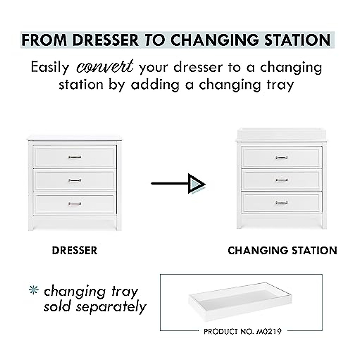 DaVinci Charlie 3-Drawer Dresser in White , 35x20x34 Inch (Pack of 1)