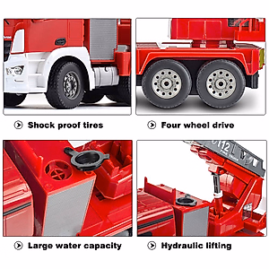 Benz Licensed Remote Control Fire Truck, RC Fire Truck Toy, Rechargeable Construction Truck Toys with Alarm Lights, Hose, Working Water Pump and Rotating Rescue Ladder Fire Truck Toys Gift for Kids