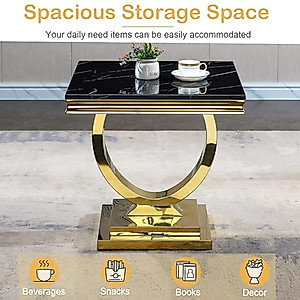Luxury Real Marble End Table, Modern Mirrored Gold Square Sofa Side Table, Mid Century Elegant End Bedside Table with Stainless Steel Pedestal Base for Living Room Bedroom Couch