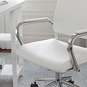 Martha Stewart Piper Swivel Task Chair with Armrests for Home Office in White Faux Leather with Polished Nickel Frame