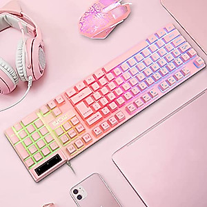 Pink Keyboard and Mouse Gaming Setup USB Wired Kawaii Combo Multi Color RGB Backlit Non-Conflict Brown Mechanical Switch Feel 4200DPI Mice for PC Game Host PS4 PS5 Computer