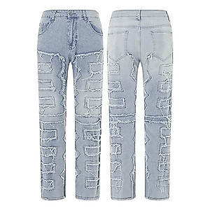 Giraropa Mens Black Stacked Jeans Slim Fit Skinny Ripped Jeans Destroyed Straight Denim Pants Harajuku Hip Hop Trousers Streetwear (Light Blue, S)