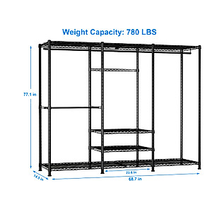 Ulif E5 Garment Rack, 4 Tiers Freestanding Heavy-Duty Closet Organizer and Storage System, Max Load 780LBS, 67.9" W x 14.5" D x 77.1" H, Black