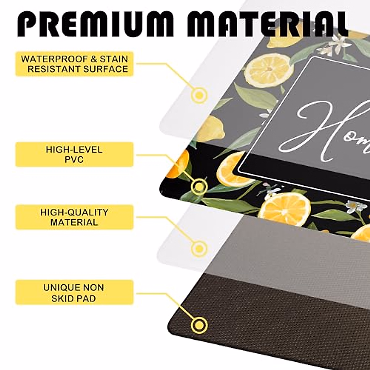 chiinvent Lemon Kitchen Rugs Anti Fatigue Kitchen Mats For Floor Black Yellow Non skid Washable kitchen Mats Set of 2 Cushioned Comfort Standing Mats for Laundry Office Sink,17.3x28 + 17.3x47 inch PVC