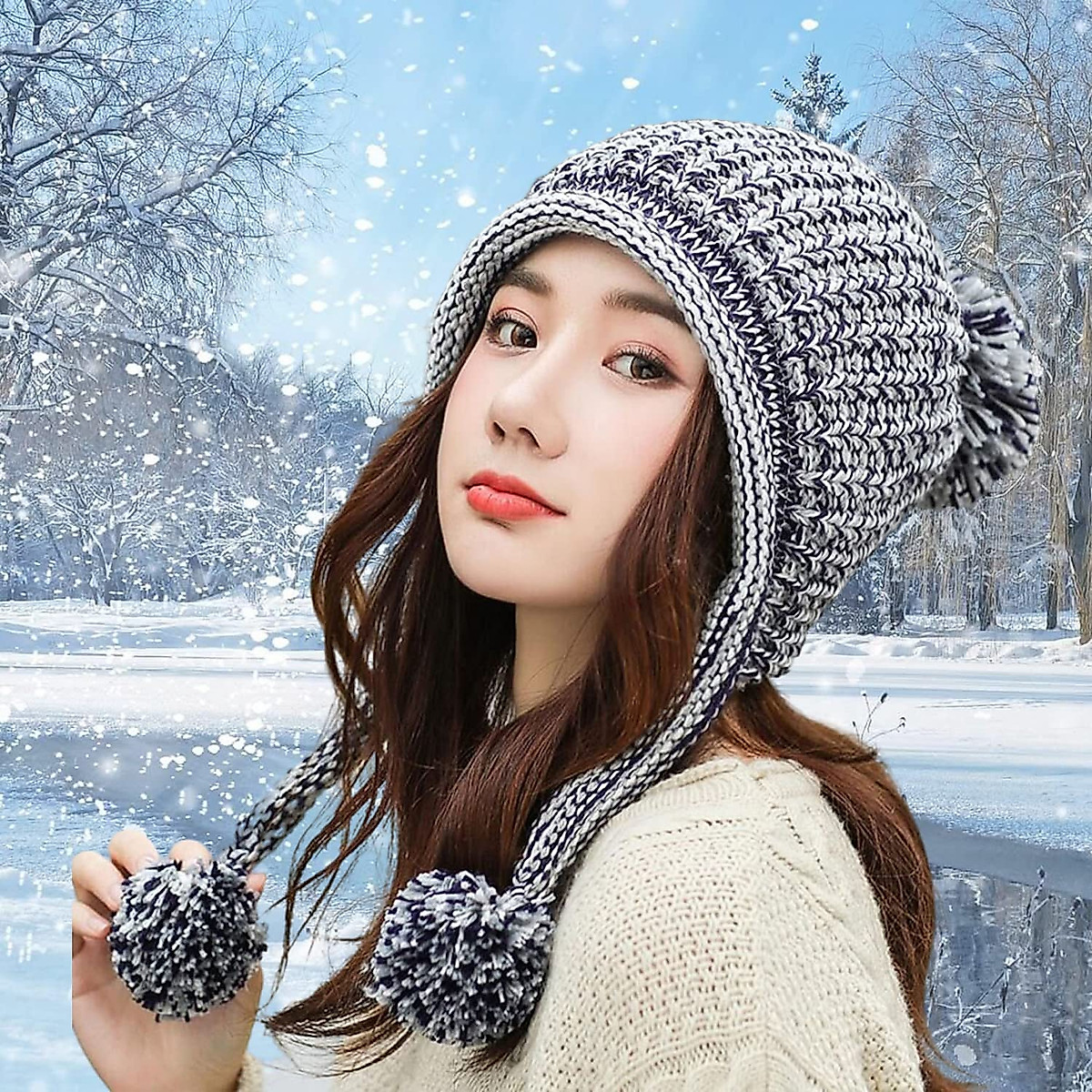 HUAMULAN Women Winter Sherpa Beanie Hats Knit Ear Flaps Peruvian Cover Ears Warm Fleece Lined Ski Snow Hat with 3 Pompom