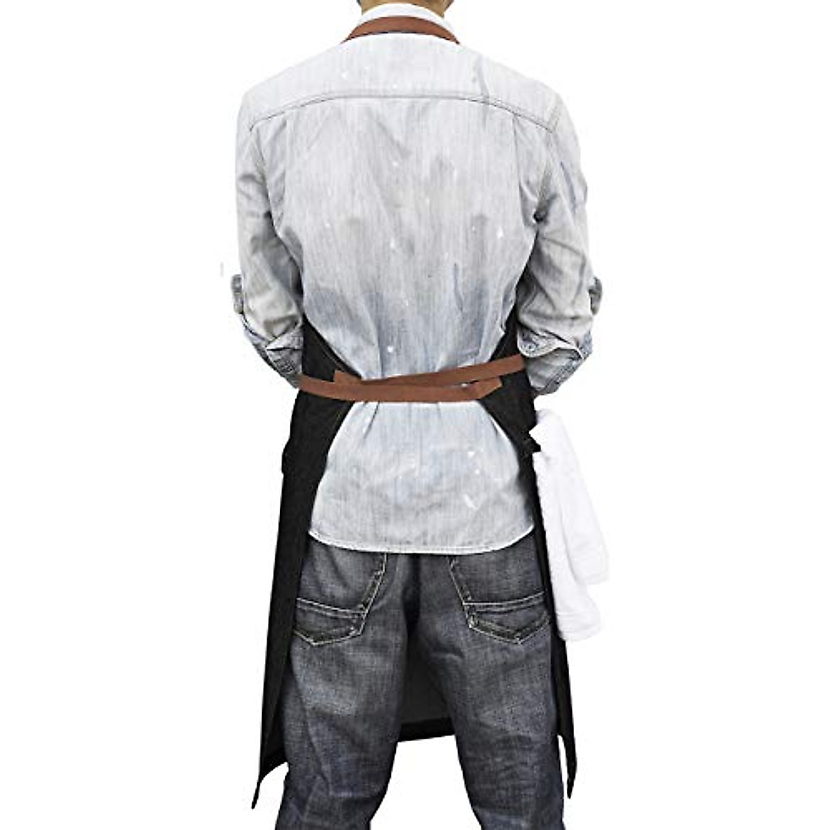 DingSay Trendy Denim Chef Apron with Pockets, Mens Womens Professional Kitchen Bib Black Apron for Cooking Grill BBQ Server, with Towel Loop and Adjustable Neck Straps