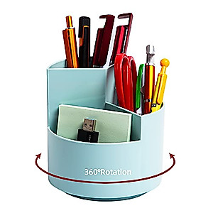 Desk Pencil Pen Holder, 3 Slots 360-Degree Spinning Pencil Pen Desk Organizers, Desktop Storage Pen Organizers Stationery Supplies, Cute Pencil Cup Pot for Office, School, Art Supply, Kids - Blue