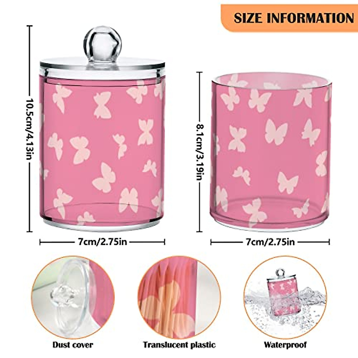 Fustylead 4 Pack Pink Butterfly Qtip Holder Dispensers, Plastic Apothecary Jar Bathroom Accessories Set for Cotton Ball, Swab, Round Pads, Floss