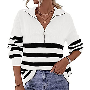 BTFBM Women 2023 Casual Long Sleeve Zip Striped Pullover Sweaters V Neck Collar Ribbed Knit Fall Winter Slouchy Jumpers (Striped White, Large)