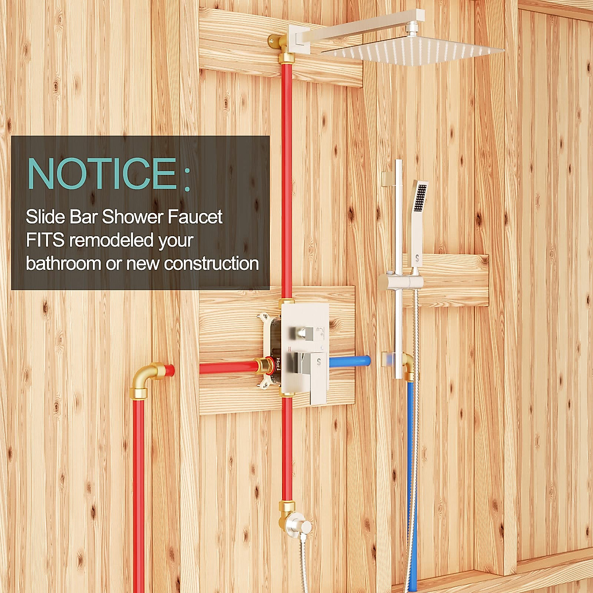 SR SUN RISE 12 Inch Square Shower System, Rain Shower Head and Slide Bar Handheld Shower Faucet Wall Mounted Combo Set Included Valve and Trim Kit for Bathroom, Brushed Nickel