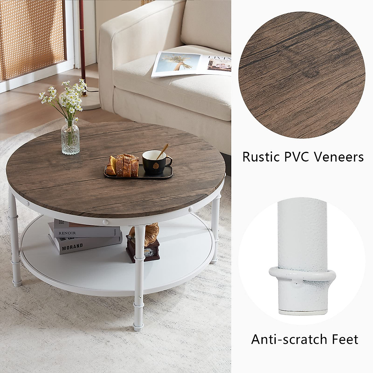 VINGLI 31.5" Dark Walnut White Round Farmhouse Coffee Table, 2-Tier Storage Wood Center Circle Accent Table for Living Room, Bedroom, Apartment, Studio and Small Spaces, Sturdy Metal Frame