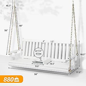 VINGLI Heavy Duty 880 LBS Wooden Patio Porch Swing with Cup Holder, Outdoor Swing Chair Bench with Adjustable Chains for Porch, Yard, Balcony, Tree (5FT, White)