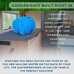 WaterPrepared 35 Gallon Utility Water Tank with Large Cap for Easy Filling, 3/4 Inch Brass Spigot, 2 Built in Strapping Points and 2 Handles, Blue