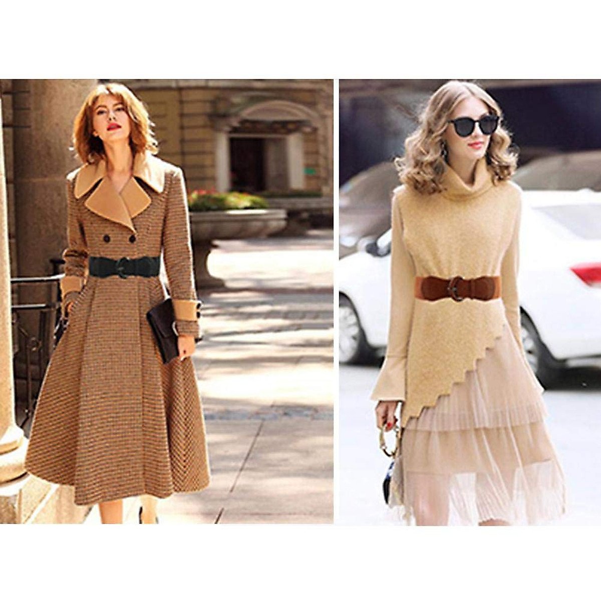 VOCHIC 2pcs Stretch Wide Belt for Women Elastic Thick Waist Belt for Dress PU Leather Elastic Wide Belt, Brown Black