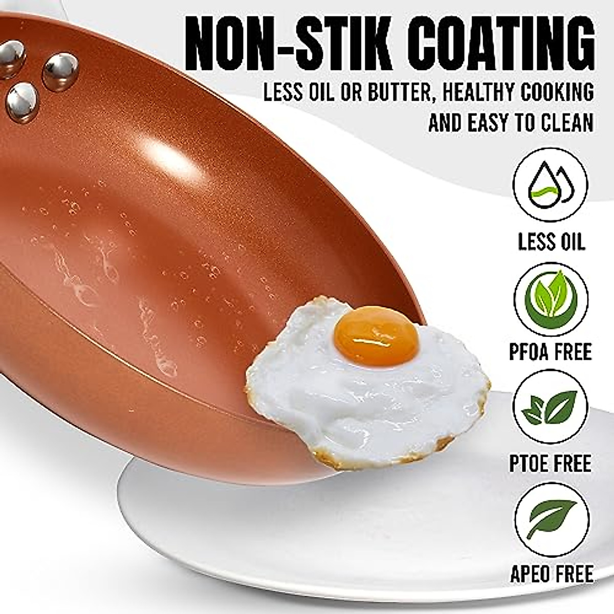 Razab Copper Frying Pan Set with Lids, 8", 9.5" & 11" Frying Pan Set, Nonstick Frying Pan Set, Copper Pans with Lid, Nonstick Skillets w/Lids 8", 9.5" & 11" Copper Pan Set