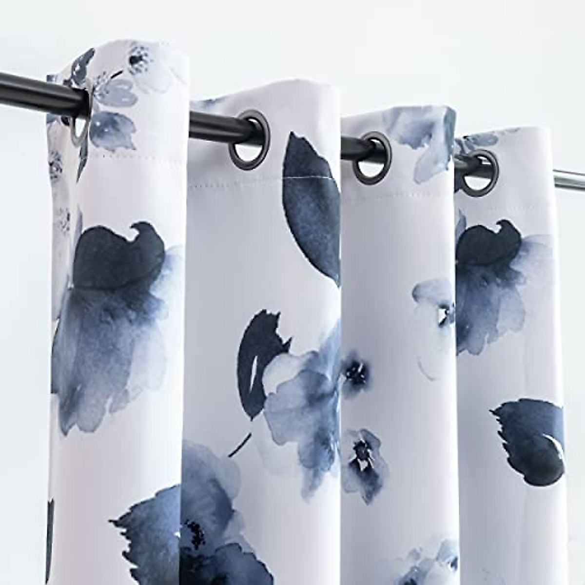 Taisier Home 84 Inch Grommet Room Darkening Window Curtain Drapes, Chinese Traditional Ink Painting Stylized Leaves and Flower,Artwork,Deep Blue Print Curtains for Living Room Bedroom and Nursery