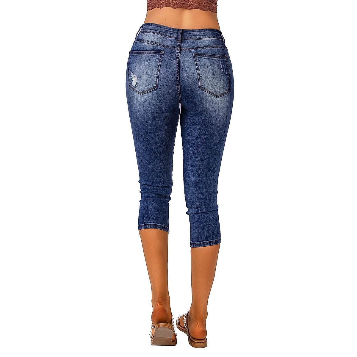 Vetinee Women's Maui Views Summer High Waisted Casual Ripped Distressed Skinny Slim Fit Stretch Cropped Denim Capri Jeans Size X-Large/16-18