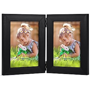Lyeasw Double Hinged 3.5x5 Picture Frame, Classic Two Opening 3.5 by 5 Photo Frame with Glass, Black Folding Frame for Tabletop or Desk Standing