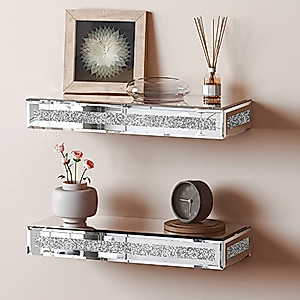 SHYFOY Mirrored Floating Shelves Wall Mounted Set of 2, Glitter Mirror Storage Wall Shelves for Bedroom, Living Room, Bathroom, Kitchen, Office and More, 15"x5.9"x2.2", Silver