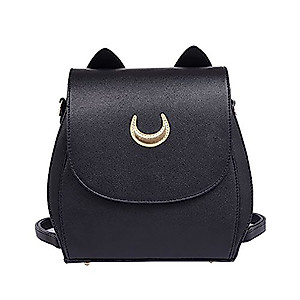 JHVYF Moon Luna Backpack Cute Kitty Cat Shoulder Bag PU Leather Backpack School Bag Black 3034