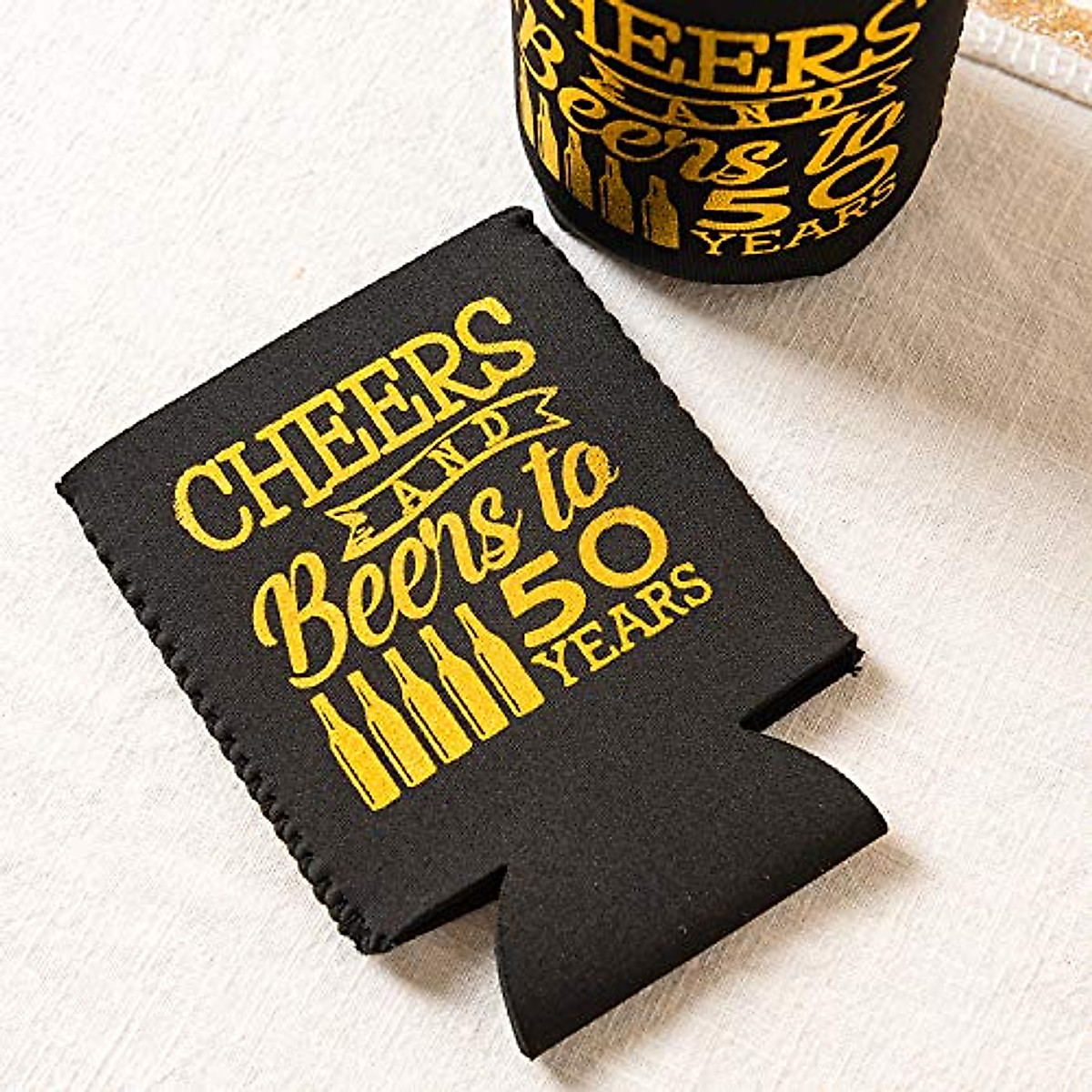 Crisky 50th Birthday Can Cooler, Black Gold Cheers to 50 Years Birthday Decoration Party Favor Can Covers, 12-Ounce Neoprene Coolers for Soda, Can Beverage, 12 Count