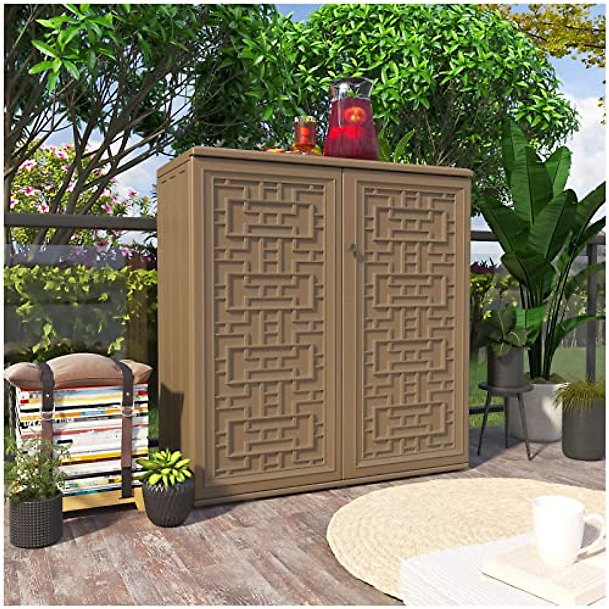 ADDOK 60-Gallon Storage Cabinet Light Weight Resin Indoor/Outdoor Storage Unit for Patio, Garden, Veranda with 1 Laminate Shelves (Coffee)