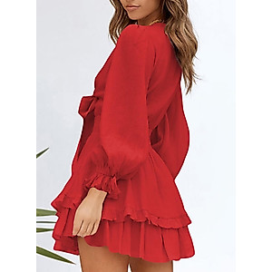 Dokotoo Womens Casual Spring Summer Sexy V Neck Ruffle Elegant Long Sleeve Empire Waist Tie Knot Cute Chiffon Boho Beach Tunic Swing A Line Flowy Mini Short Skater Dresses for Women 2024 Red M