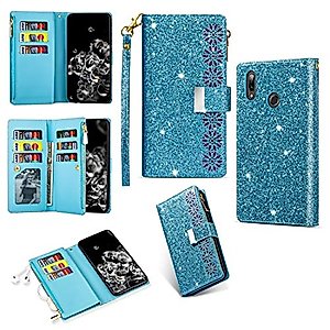 BOYUHII Silicone Protective Case for Phone for Samsung Galaxy A20e / A10e Multi-Card Slots Starry Sky Laser Carving Glitter Zipper Horizontal Flip Leather Case with Holder & Wallet & Lanyard ATCYE