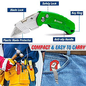 BIBURY Utility Knife 2-Pack, Heavy Duty Folding Box Cutter with Extra 10pcs Replacement SK5 Blades, Pocket Carpet Knife with Quick Change & Safety Lock, Belt Clip