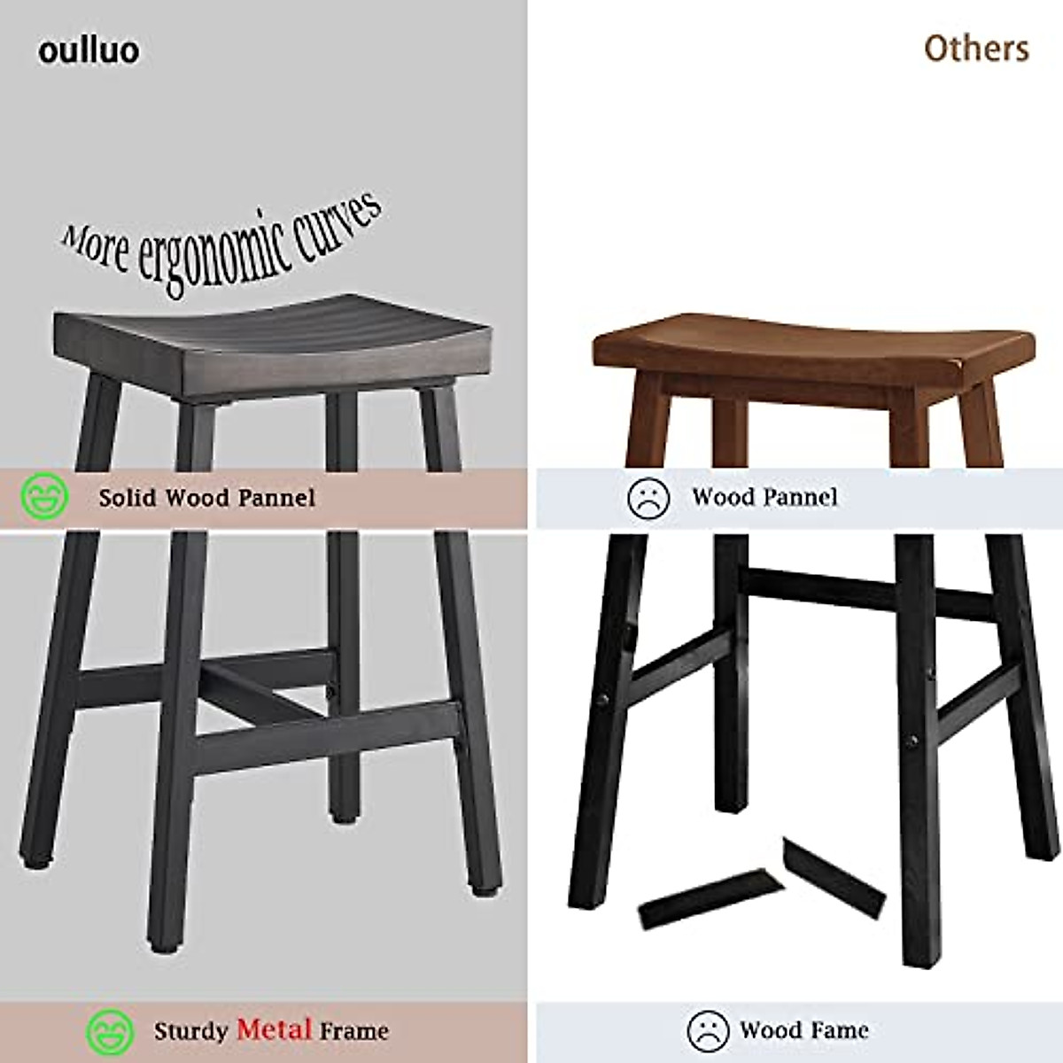 OUllUO Black Gray Bar Stools Set of 2, Backless Saddle Barstools, 25" Counter Height Bar Stools, Gray Solid Wood Counter Stools with Metal Frame for Kitchen Island, 521P-BGWD